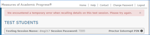 "We encountered a temporary error..." message while in a test session
